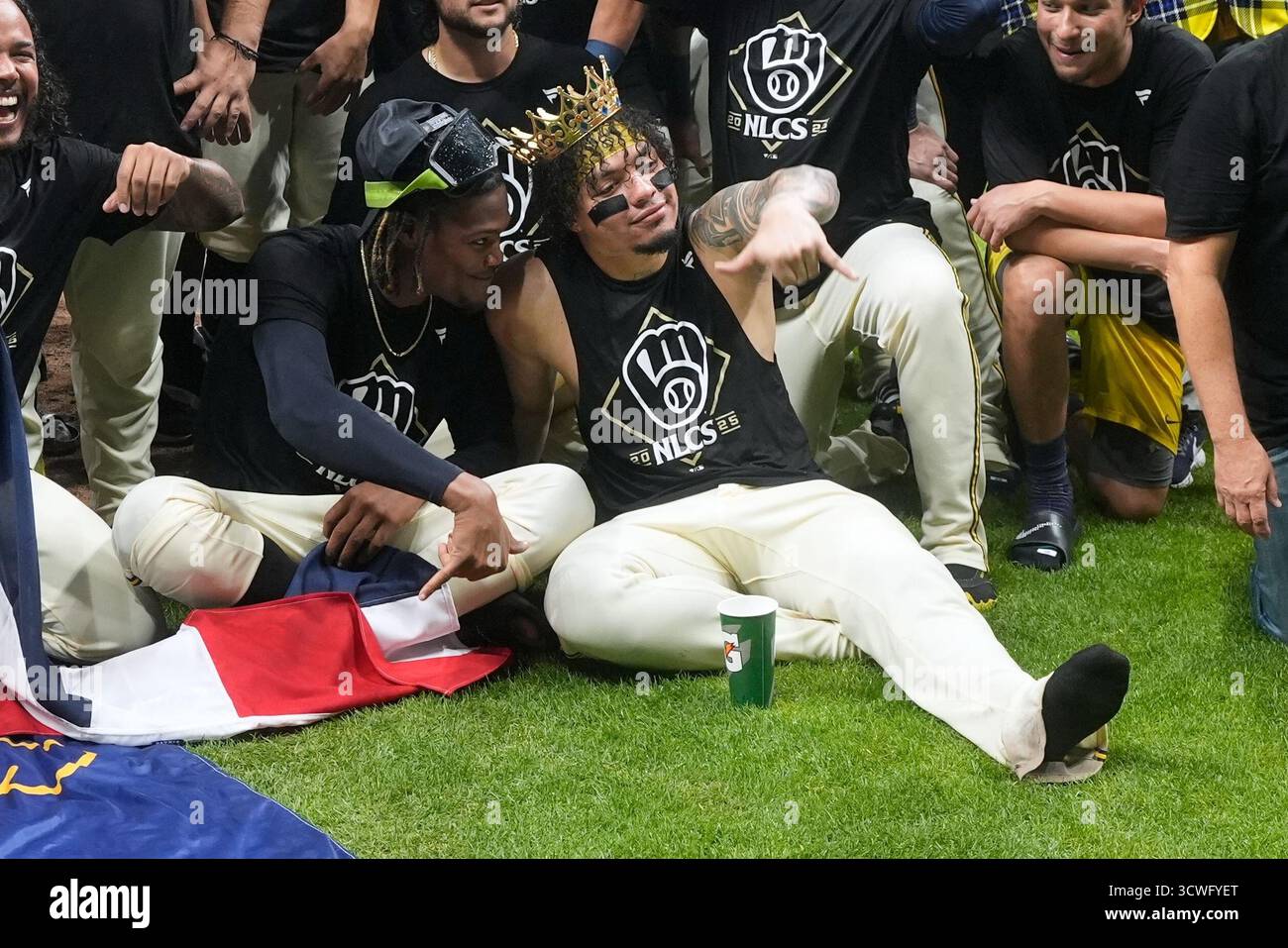 Milwaukee Brewers' William Contreras and Abner Uribe after Game 5 of baseball's National League ...