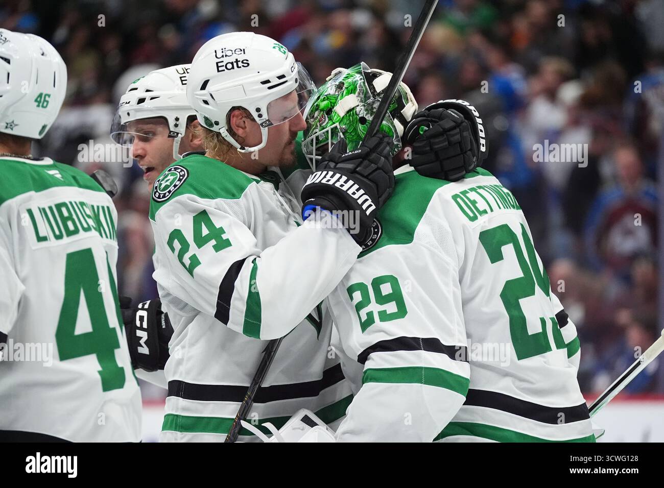 Dallas Stars center Roope Hintz, left, congratulates goaltender Jake ...