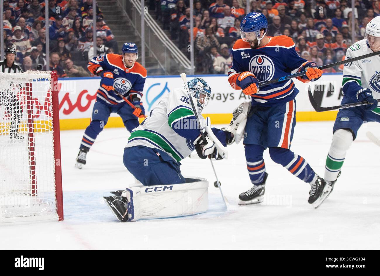 Vancouver Canucks goalie Thatcher Demko (35) makes the save against ...