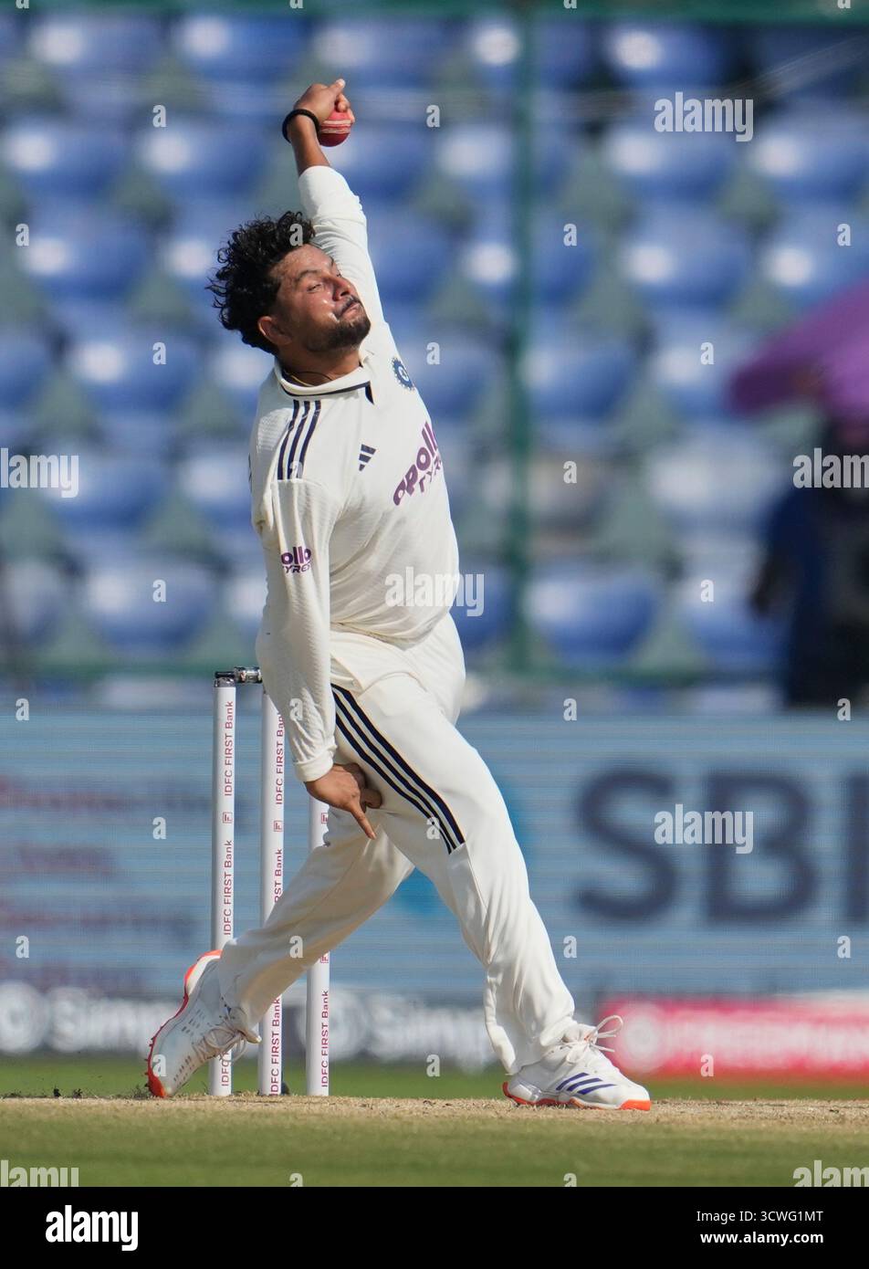 India's Kuldeep Yadav bowls a delivery on the third day of the second ...