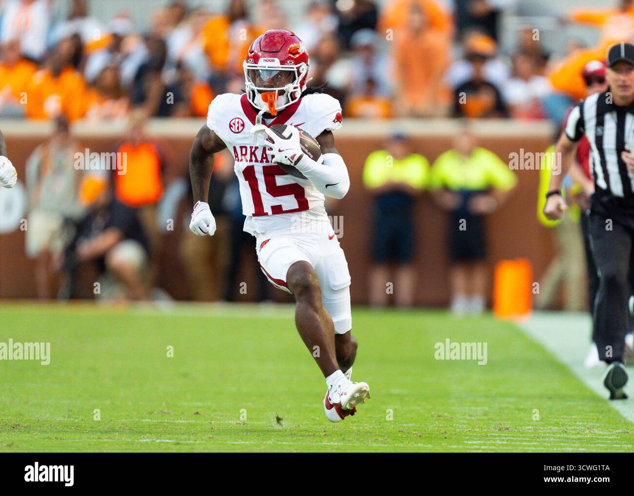 October 11, 2025: Kam Shanks #15 of the Arkansas Razorbacks runs with ...
