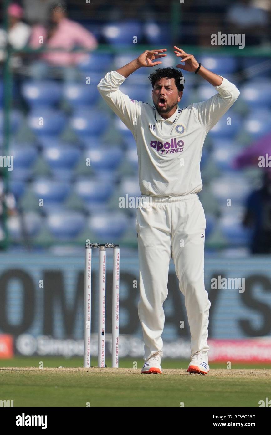 India's Kuldeep Yadav reacts on a misfield on the third day of the ...