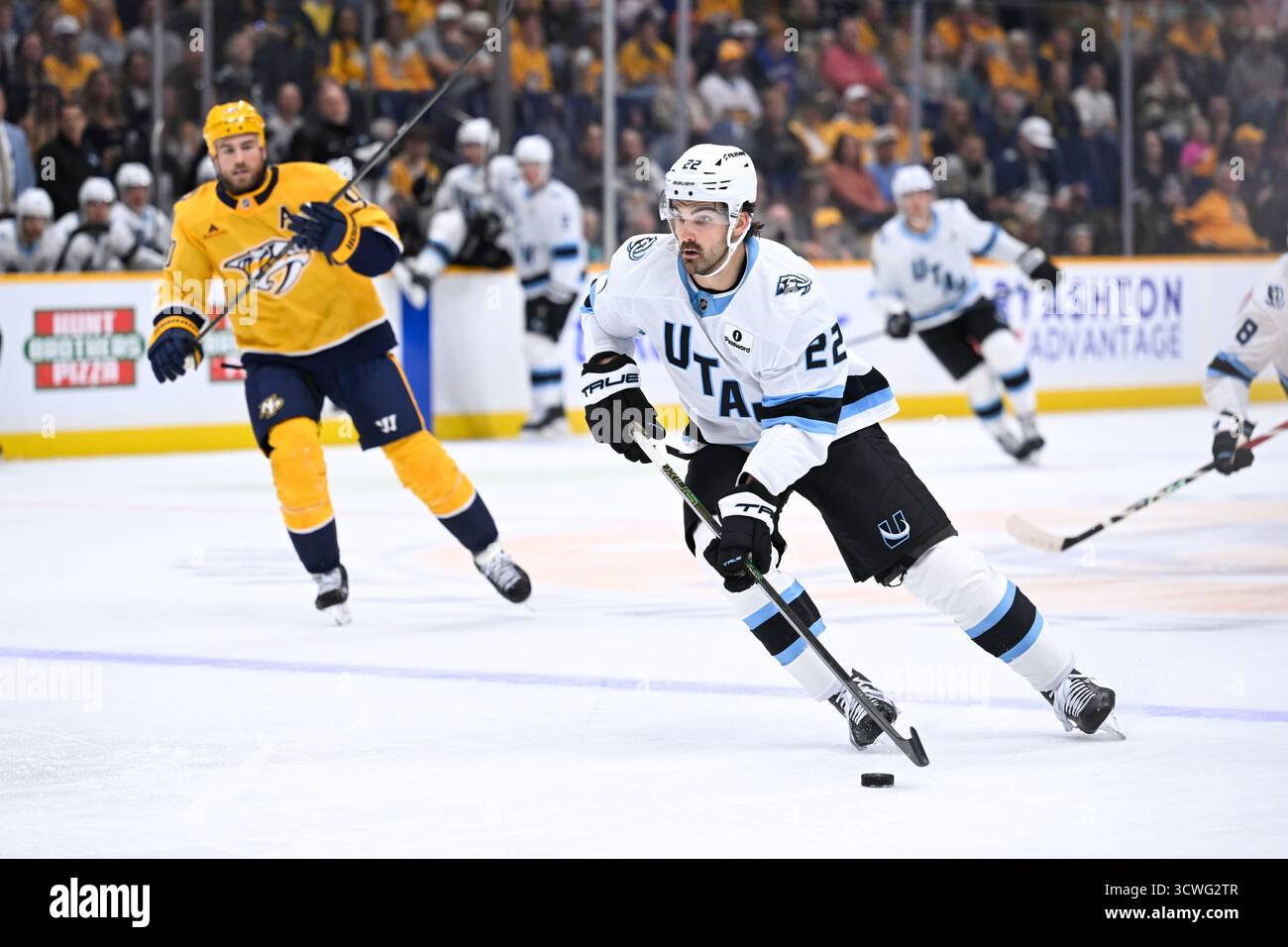 Utah Mammoth center Jack McBain (22) plays the Nashville Predators during an NHL hockey game ...