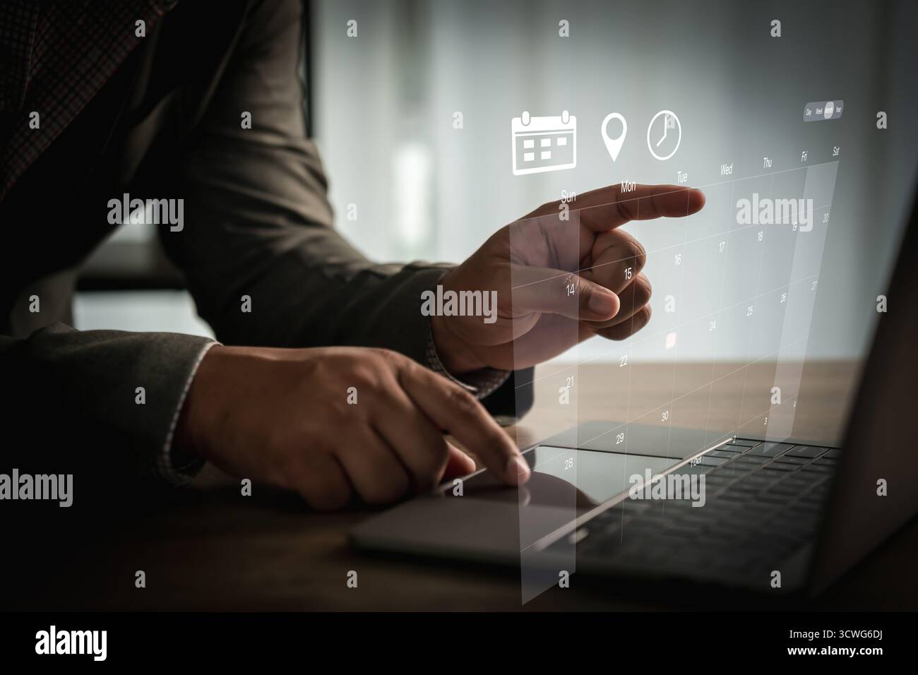 Calendar schedule Business professional using laptop with holographic ...