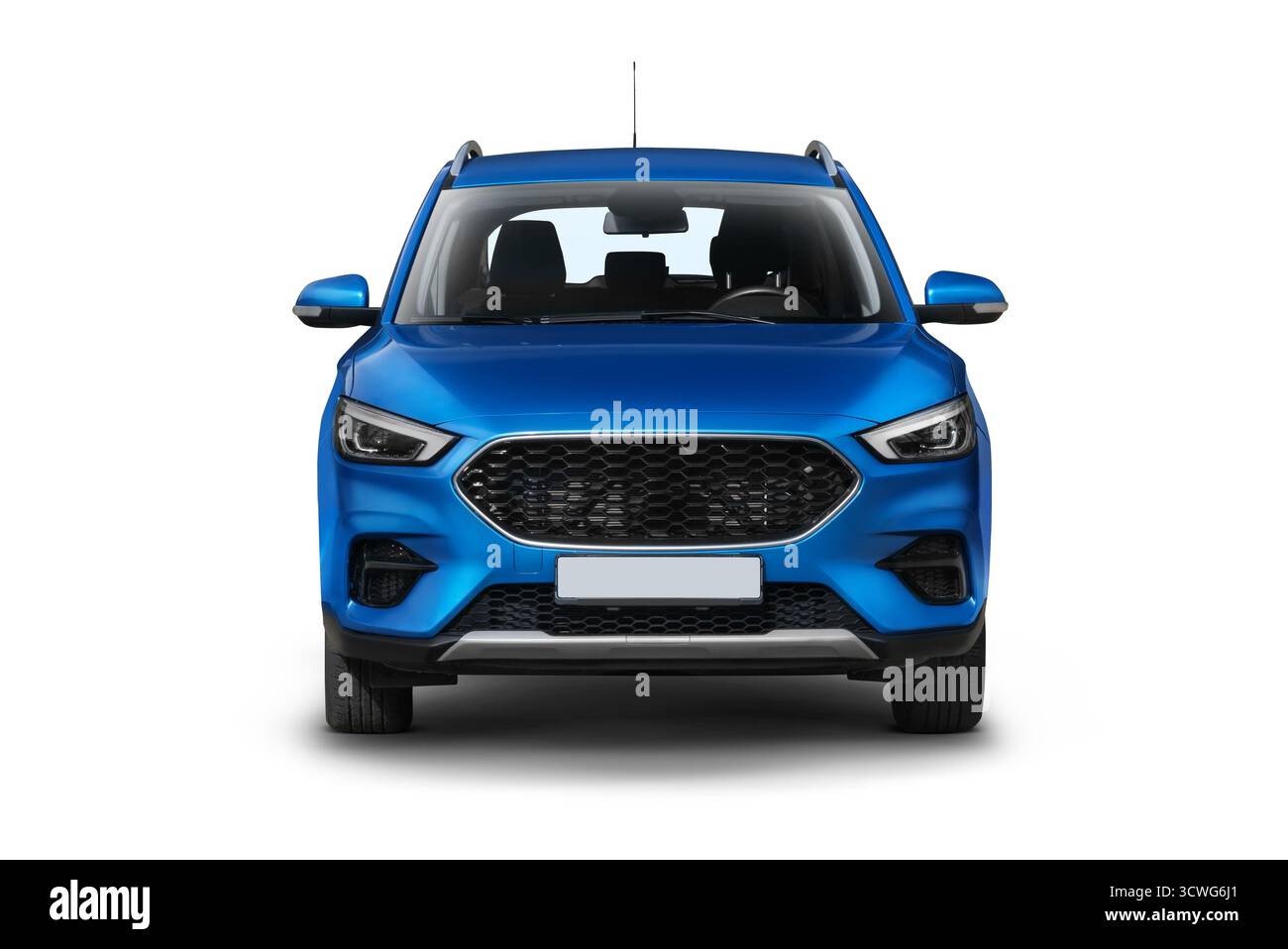 Technical photo of a blue SUV captured from a full front angle, set ...