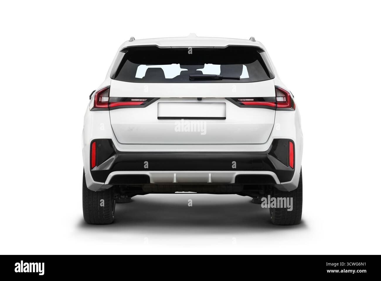 Full rear view of a white colored modern SUV car on a white background ...