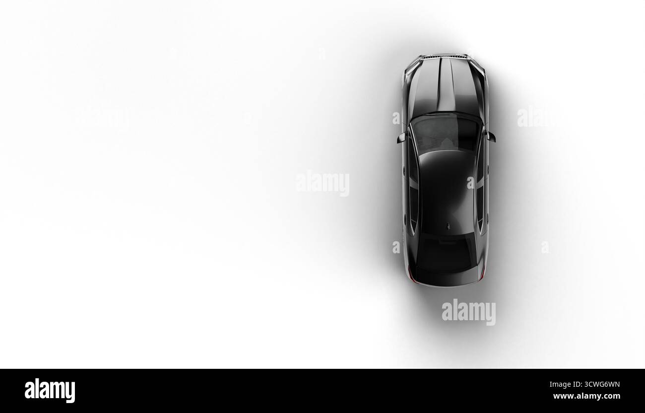 Top view render of dark grey colored modern sedan car on a white ...