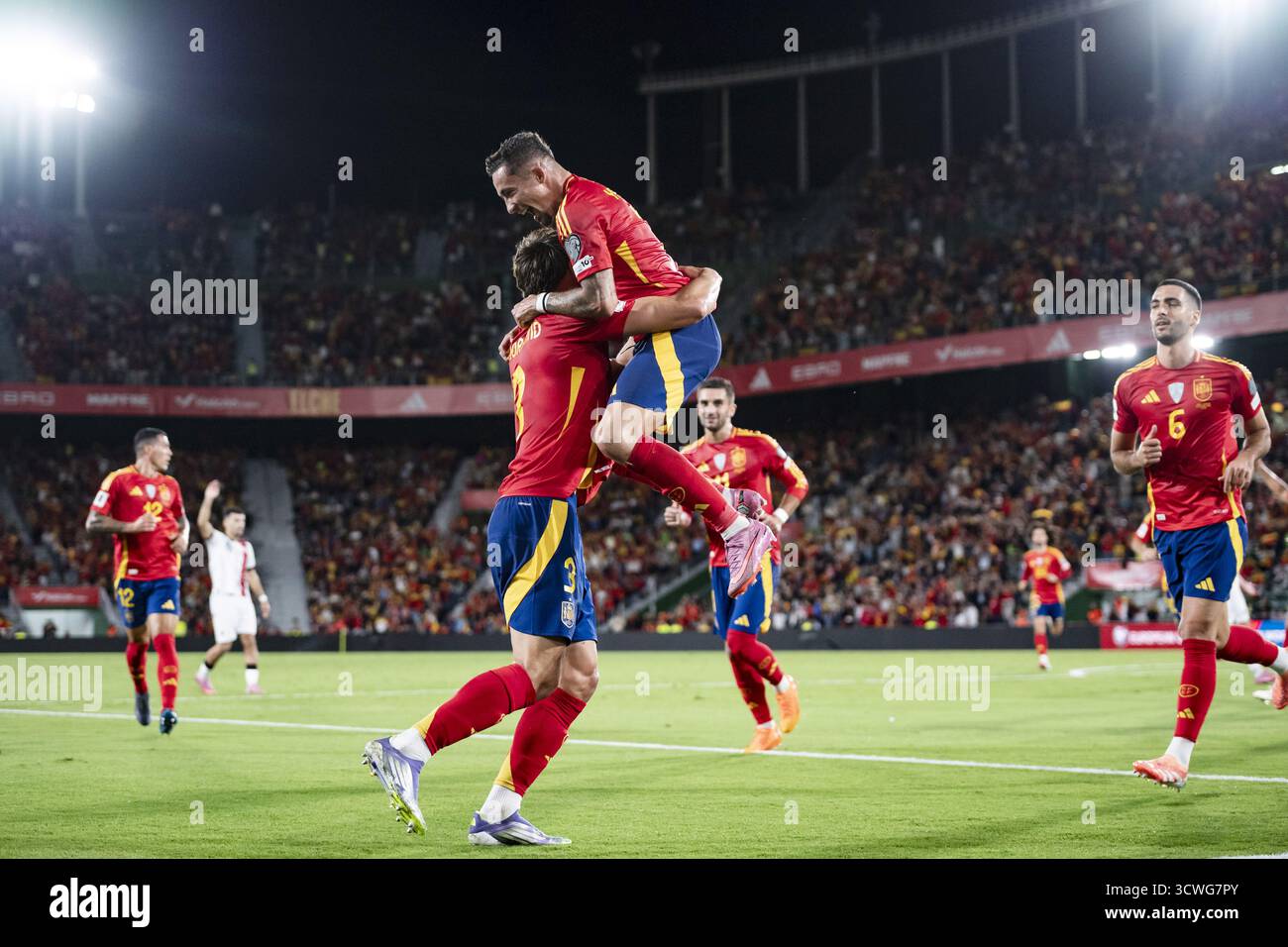 Yeremy Pino of Spain celebrates his goal 1-0 with Robin Le Normand ...