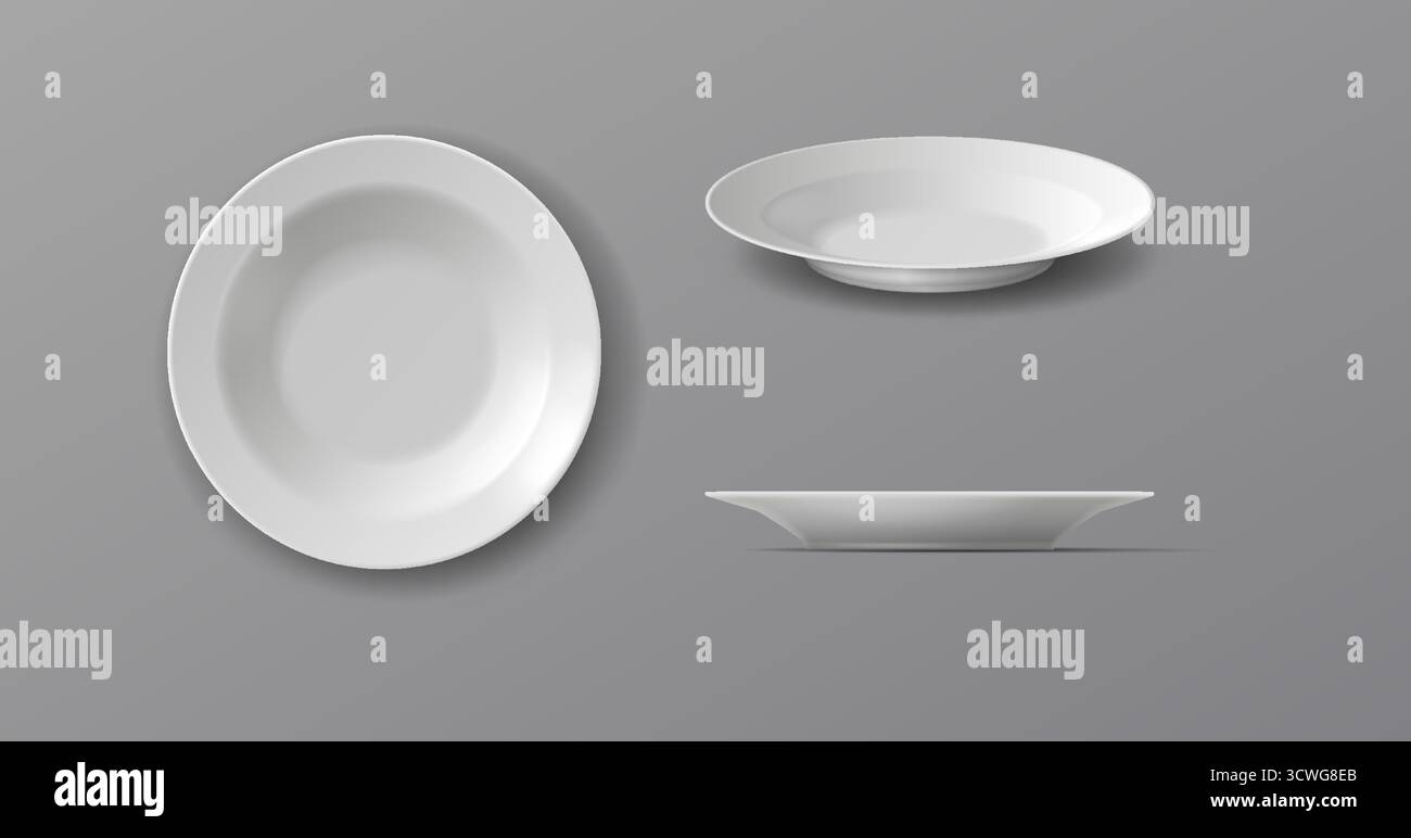 Illustration of three white ceramic plates on a grey backdrop ...