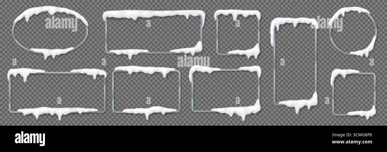 Set of vector frames adorned with snow on a transparent background ...