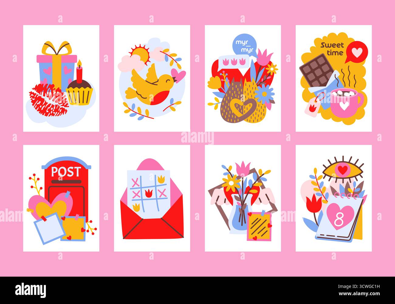 Cute cartoon set of greeting covers and designs in flat style ...