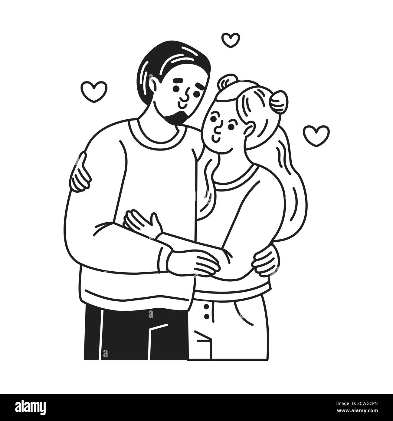 Cartoon drawing of a young couple embracing lovingly. Heart symbols ...