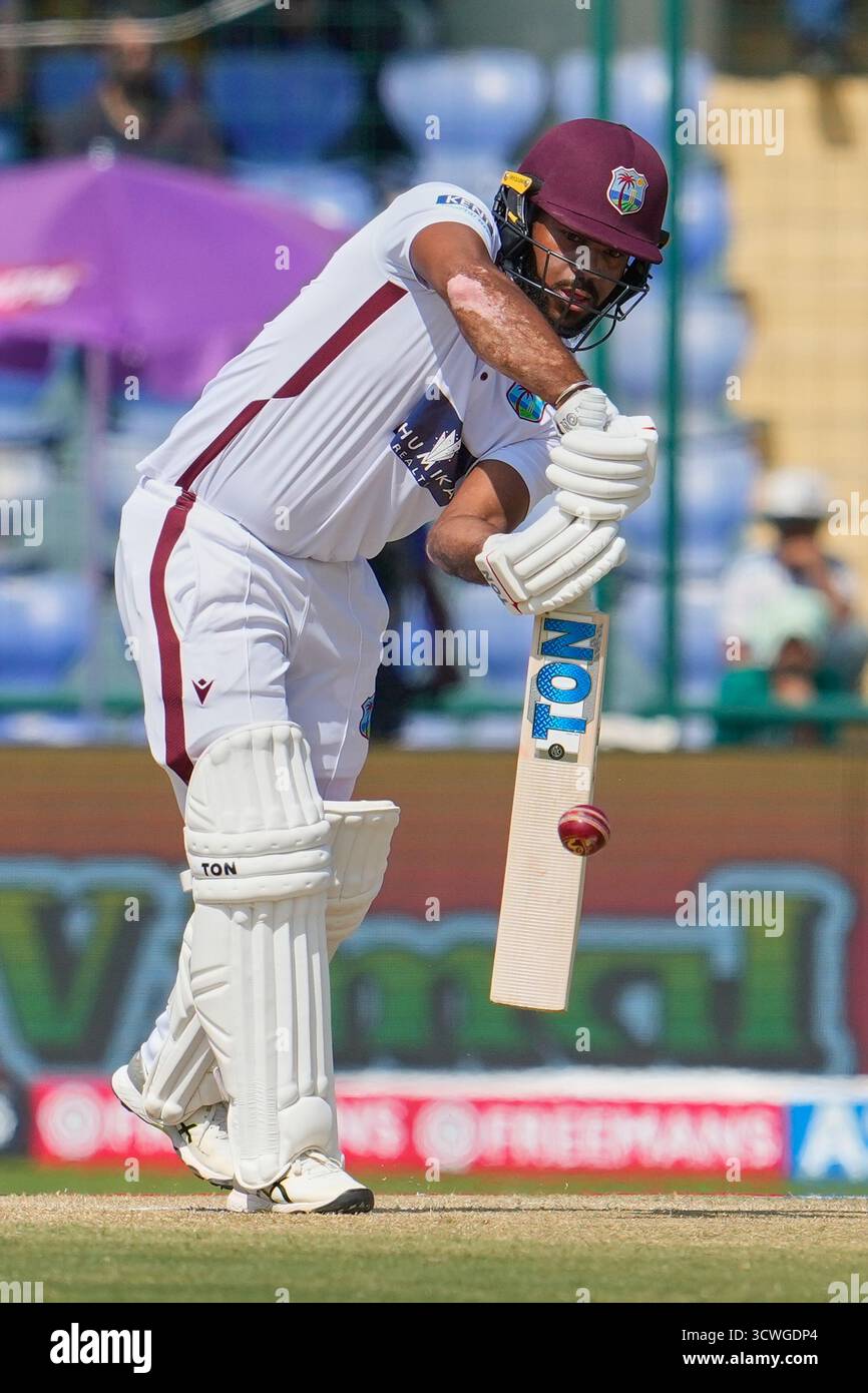 West Indies' John Campbell plays a shot on the third day of the second ...