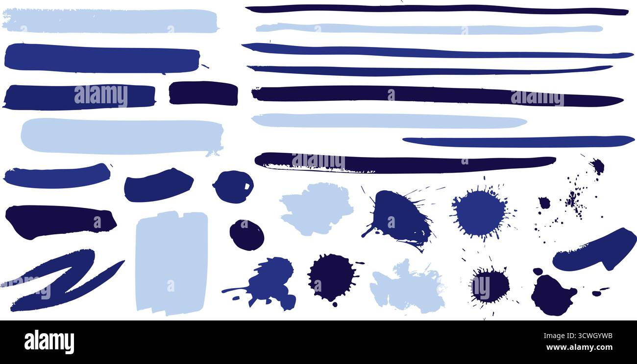 Vector blue artistic paint brush strokes and paint blob splatter ...