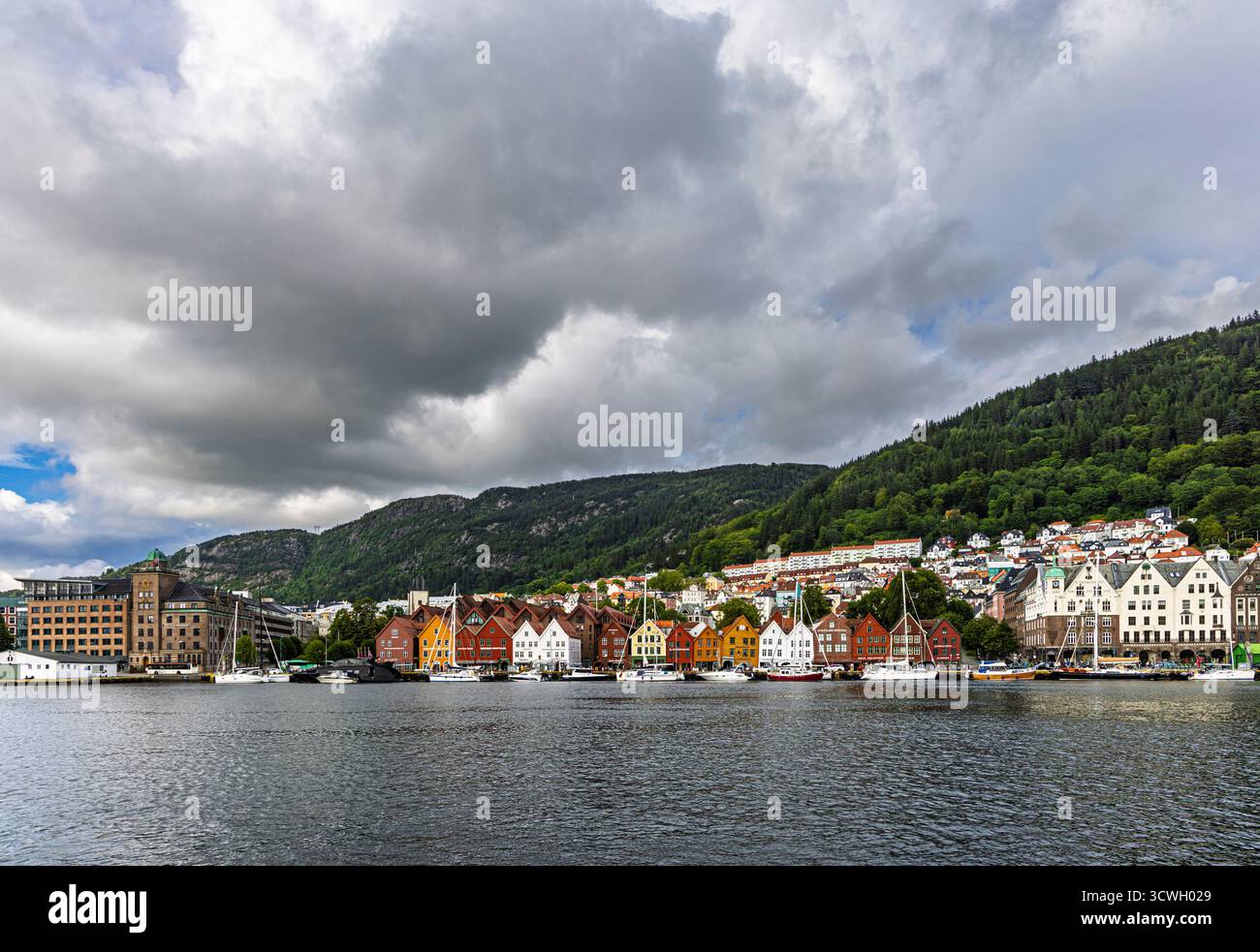 Bryggen with colourful wooden buildings on the old Hanseatic wharf ...