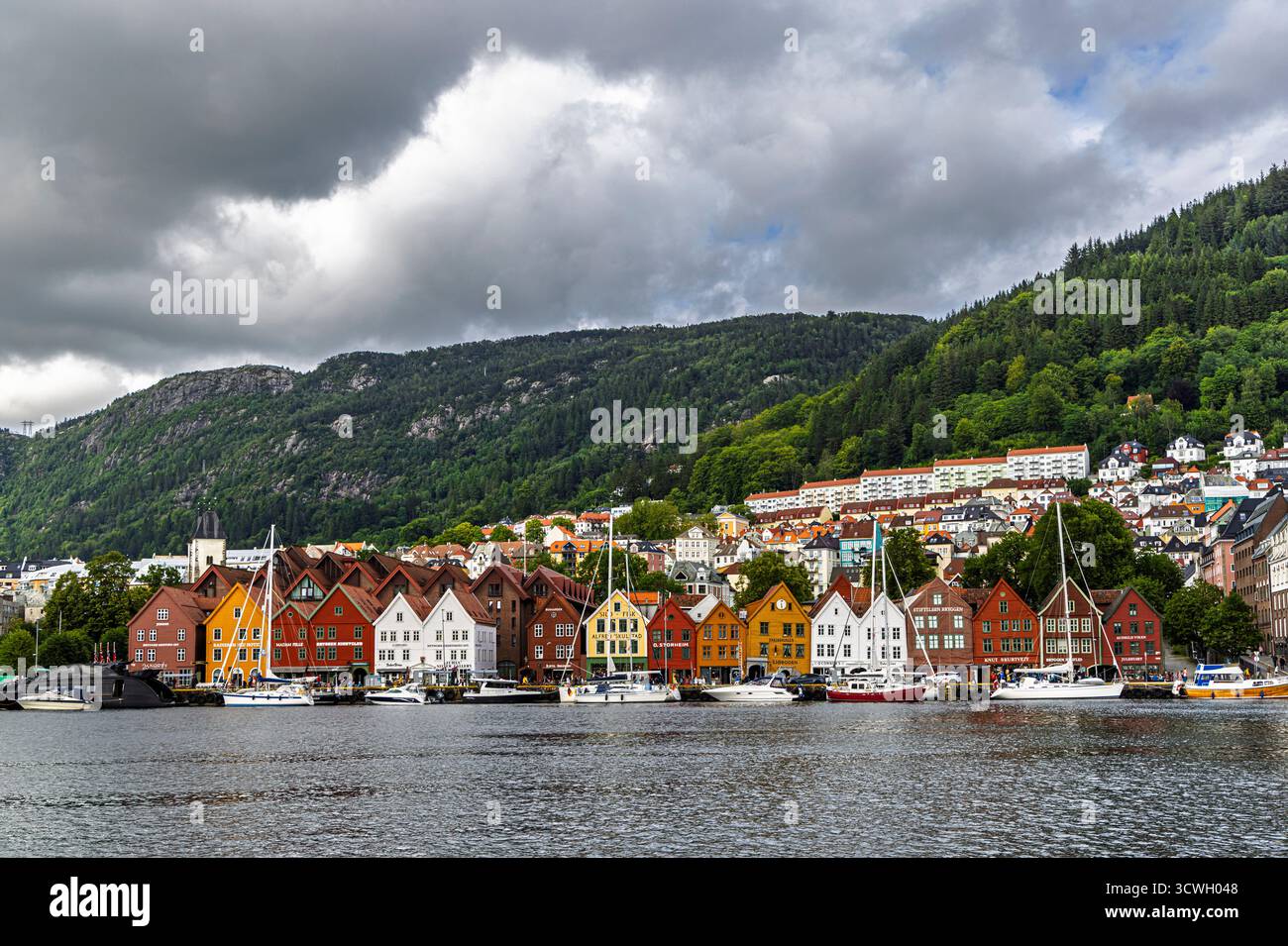 Bryggen with colourful wooden buildings on the old Hanseatic wharf ...