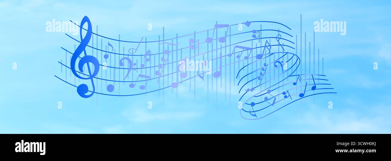 Beautiful sky with clouds and flying music notes Stock Photo - Alamy