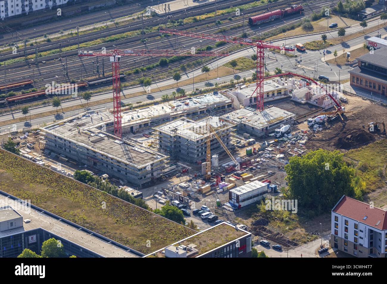 Aerial view, construction site at the campus building of the ...