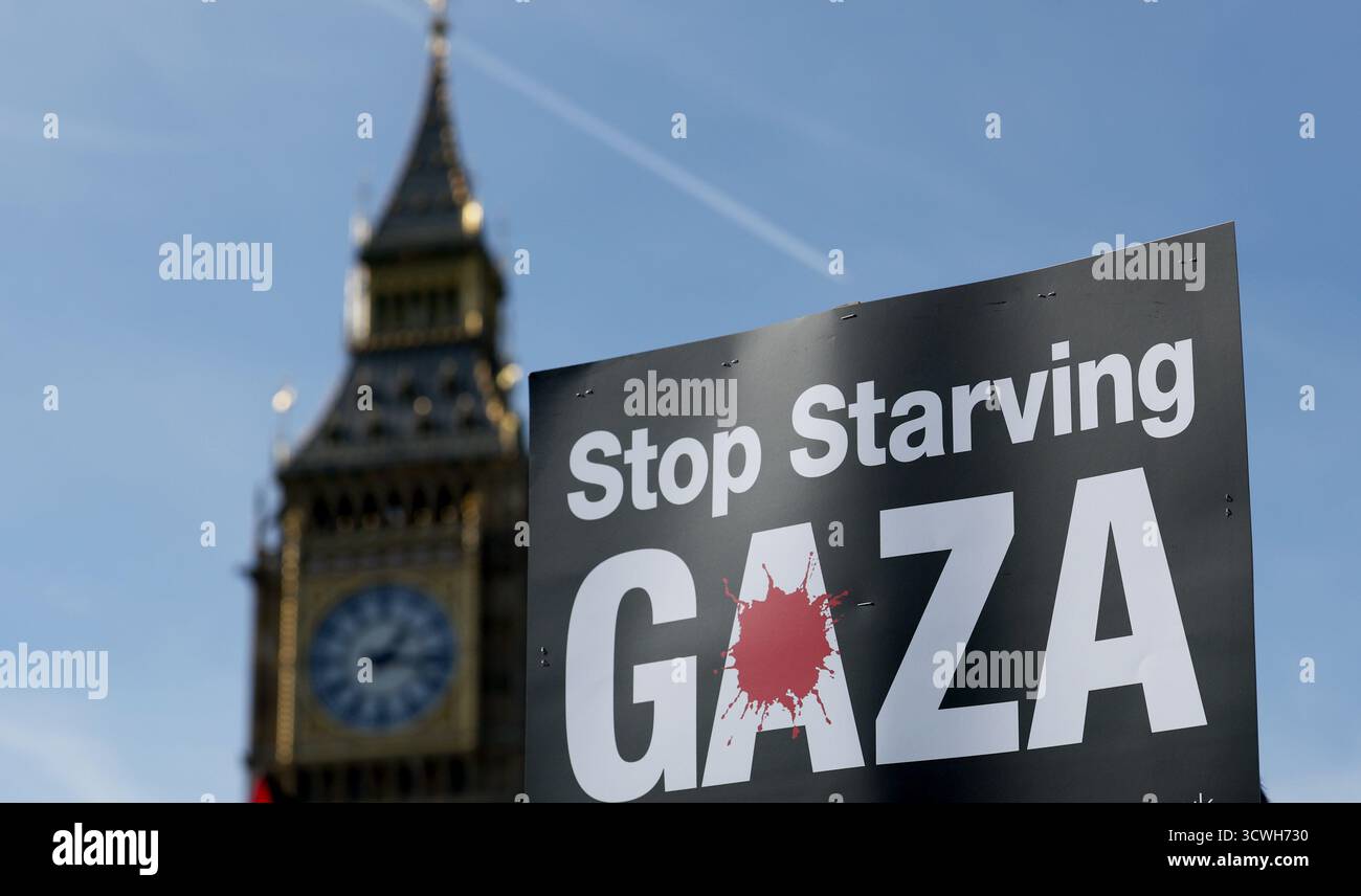(251012) -- LONDON, Oct. 12, 2025 (Xinhua) -- A placard held by a ...