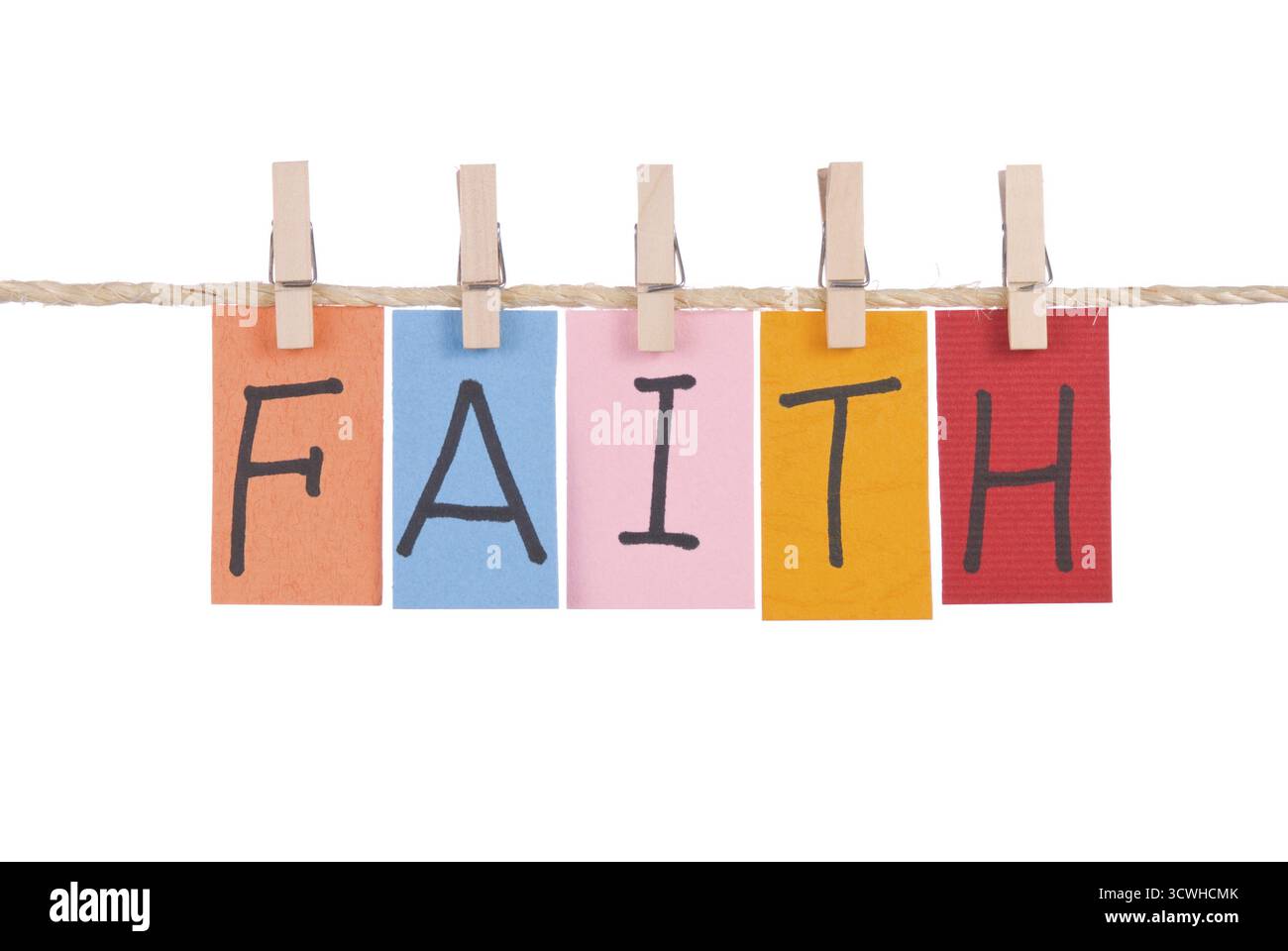 Faith, Colorful words hang on rope by wooden peg Stock Photo - Alamy