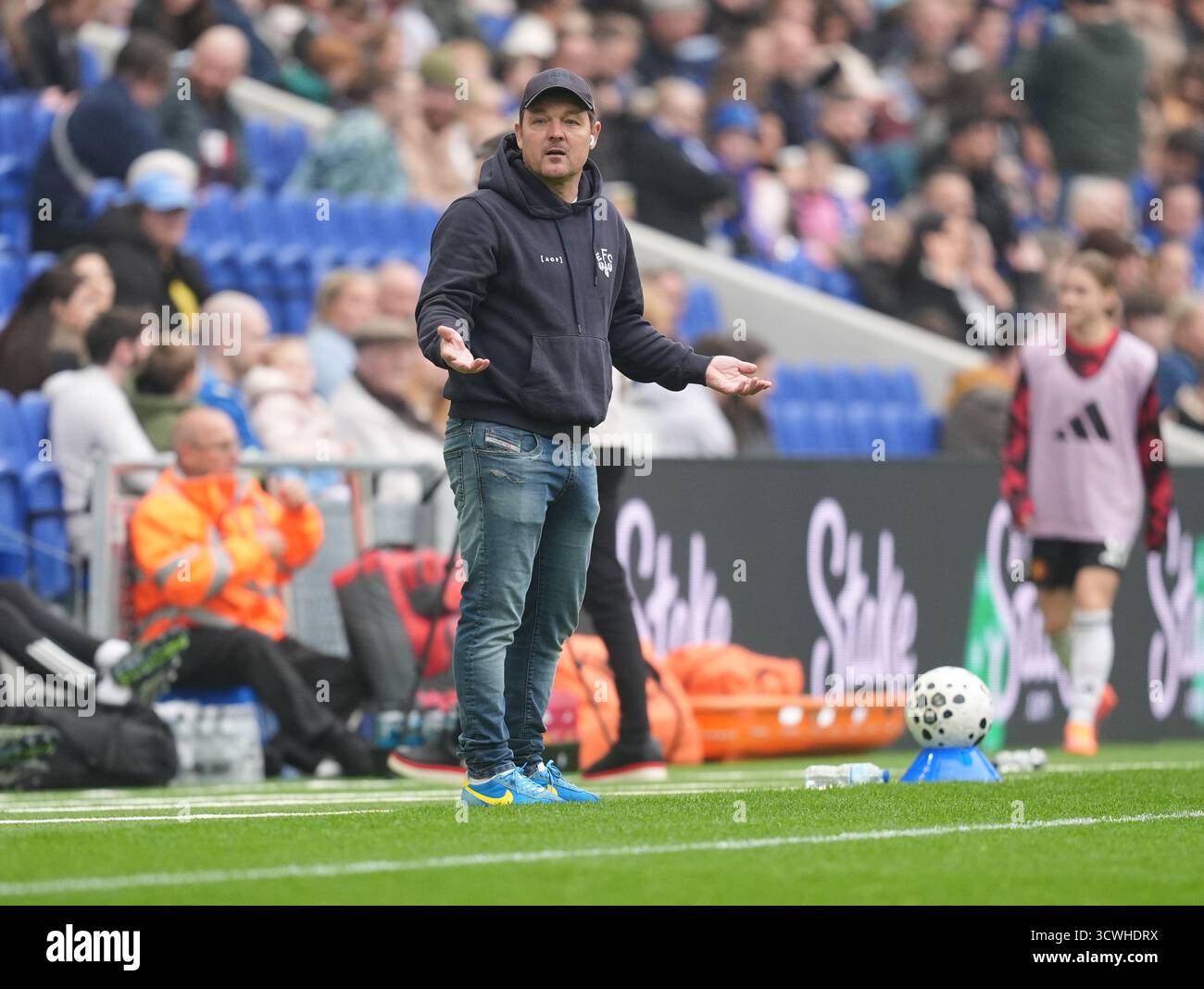 Everton manager Brian Sorensen gestures on the touchline during the ...