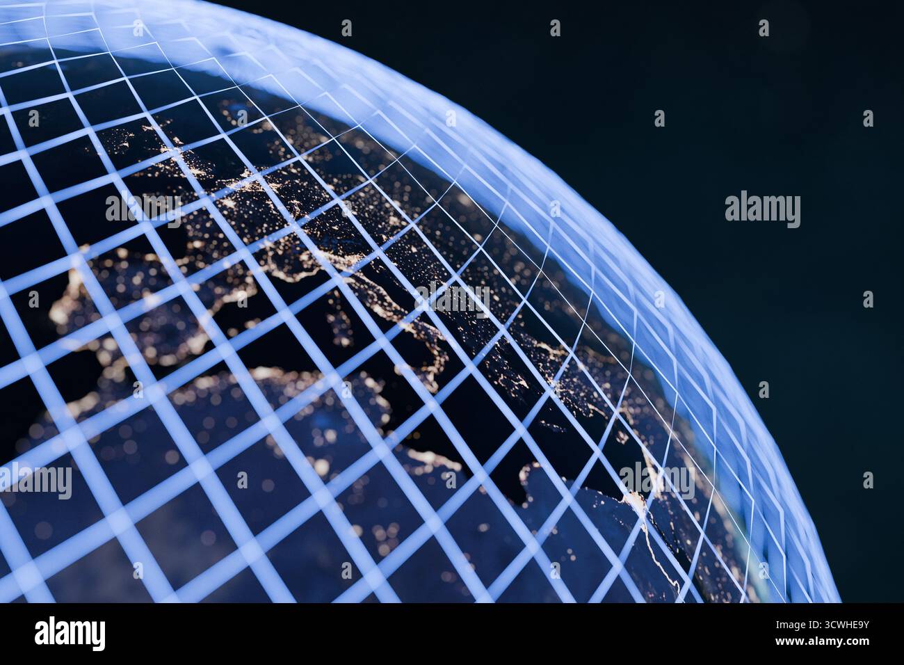 Earth At Night With Bright City Lights And A Blue Digital Grid Lines ...