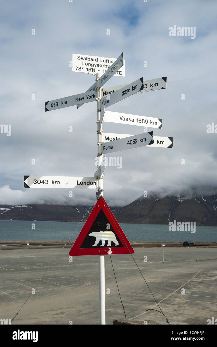 Road sign with polar bear and distances to the cities, Svalbard, Norway ...