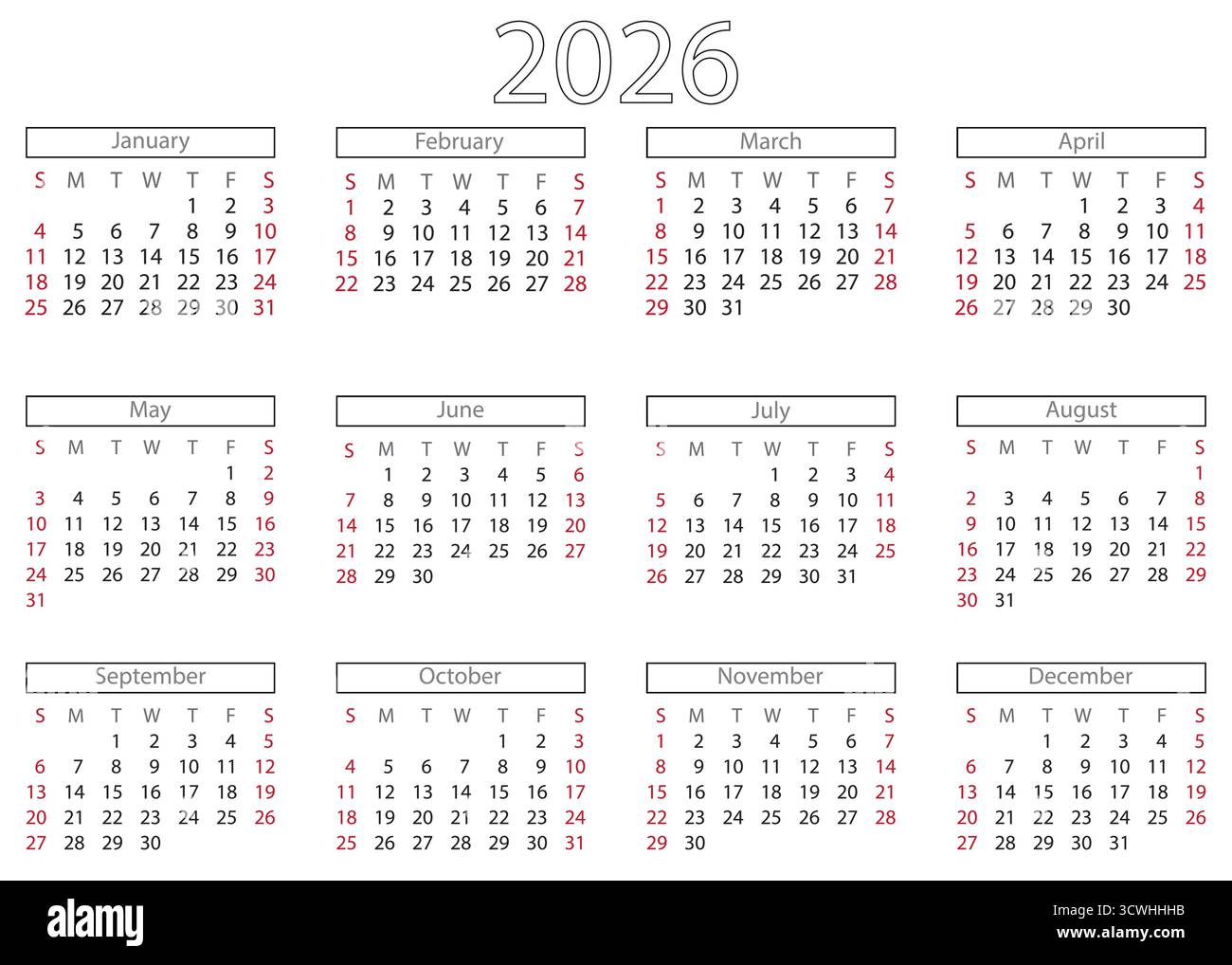 2026 Calendar With Monthly Grids For Planning, Scheduling Stock Vector ...