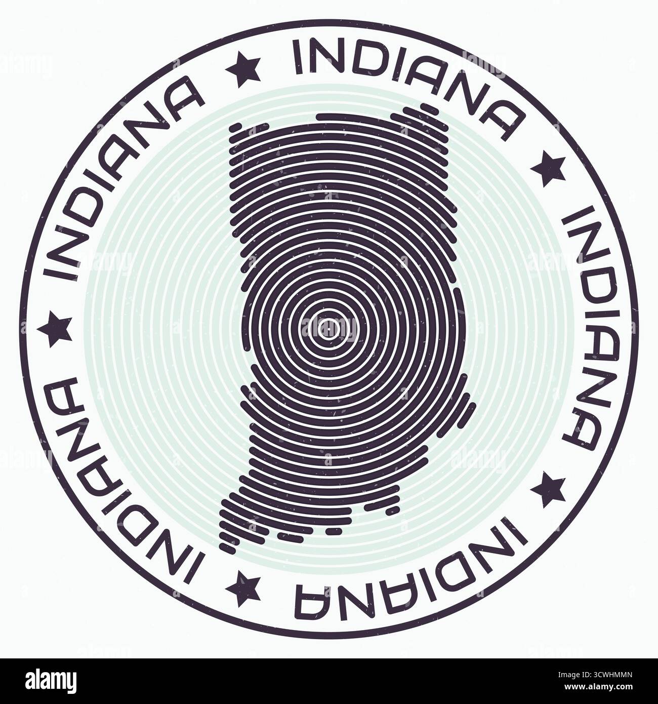 Indiana map with round title. State shape rings. Indiana text around ...