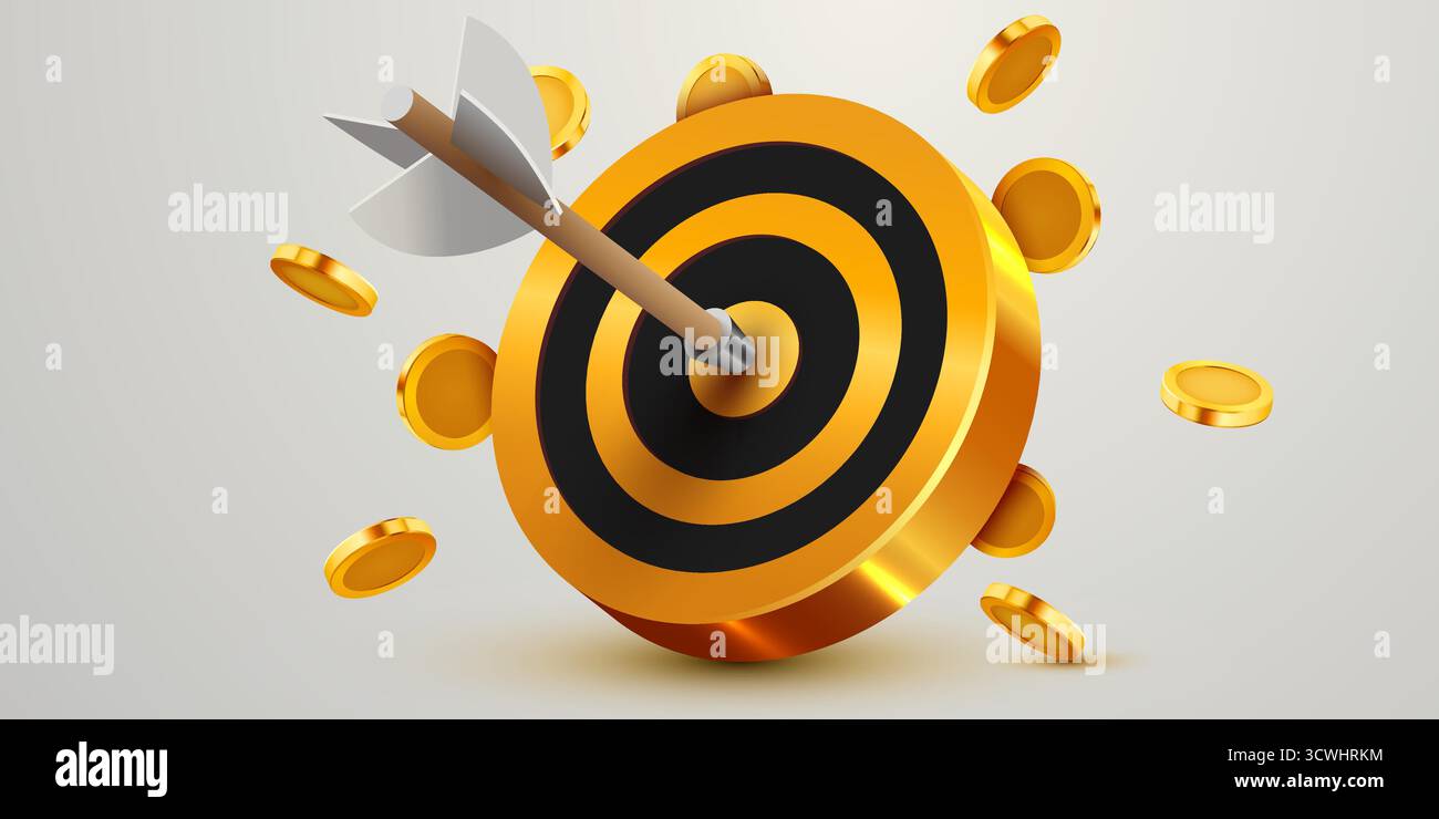 Golden dart target icon with arrow and coins. 3d design of business ...
