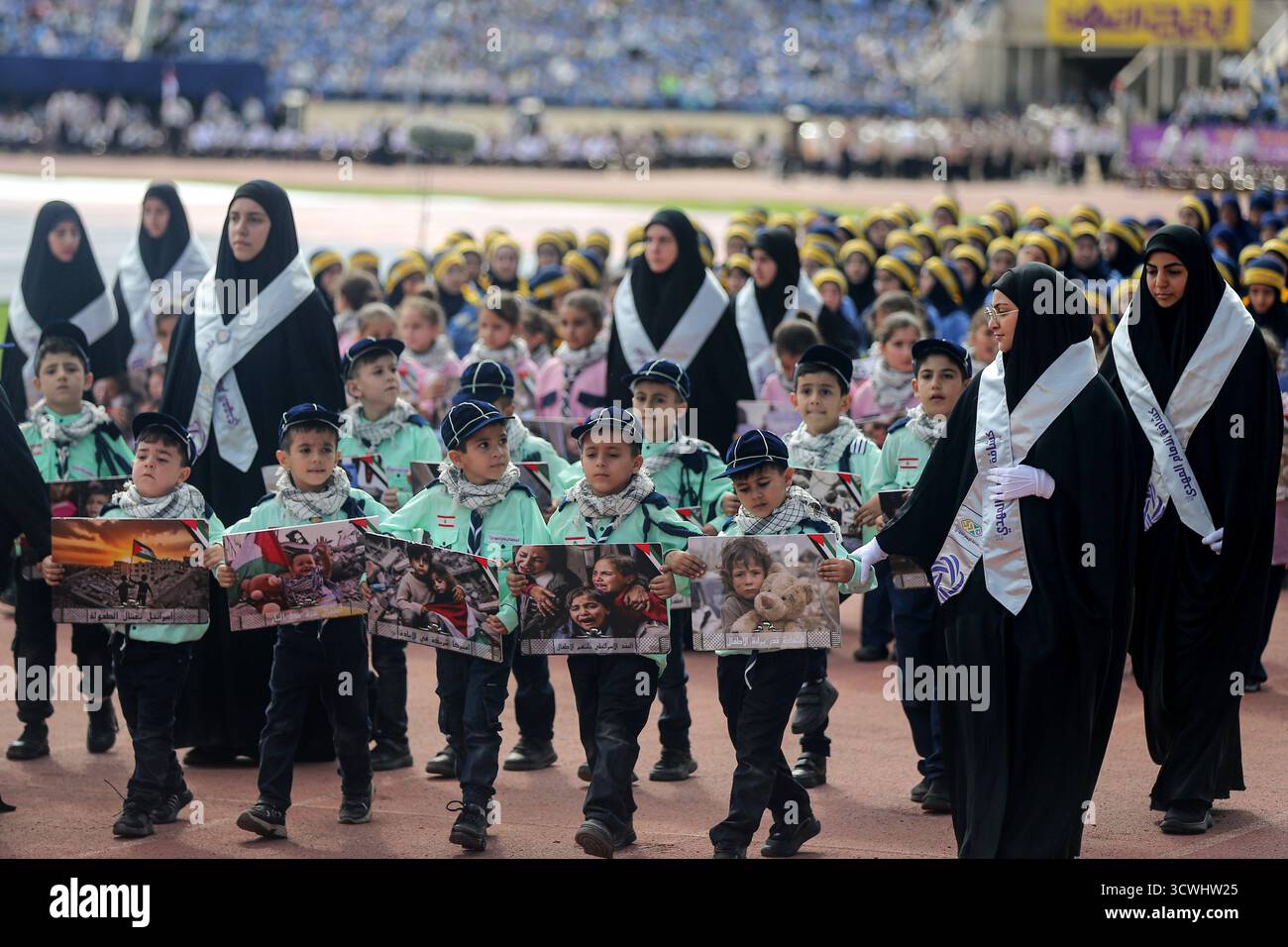 Beirut, Lebanon. 12th Oct, 2025. Pro-Iranian Hezbollah al-Mahdi Scouts ...