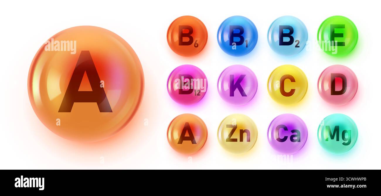 Colorful vitamin and mineral supplement capsules. Essential nutrients ...