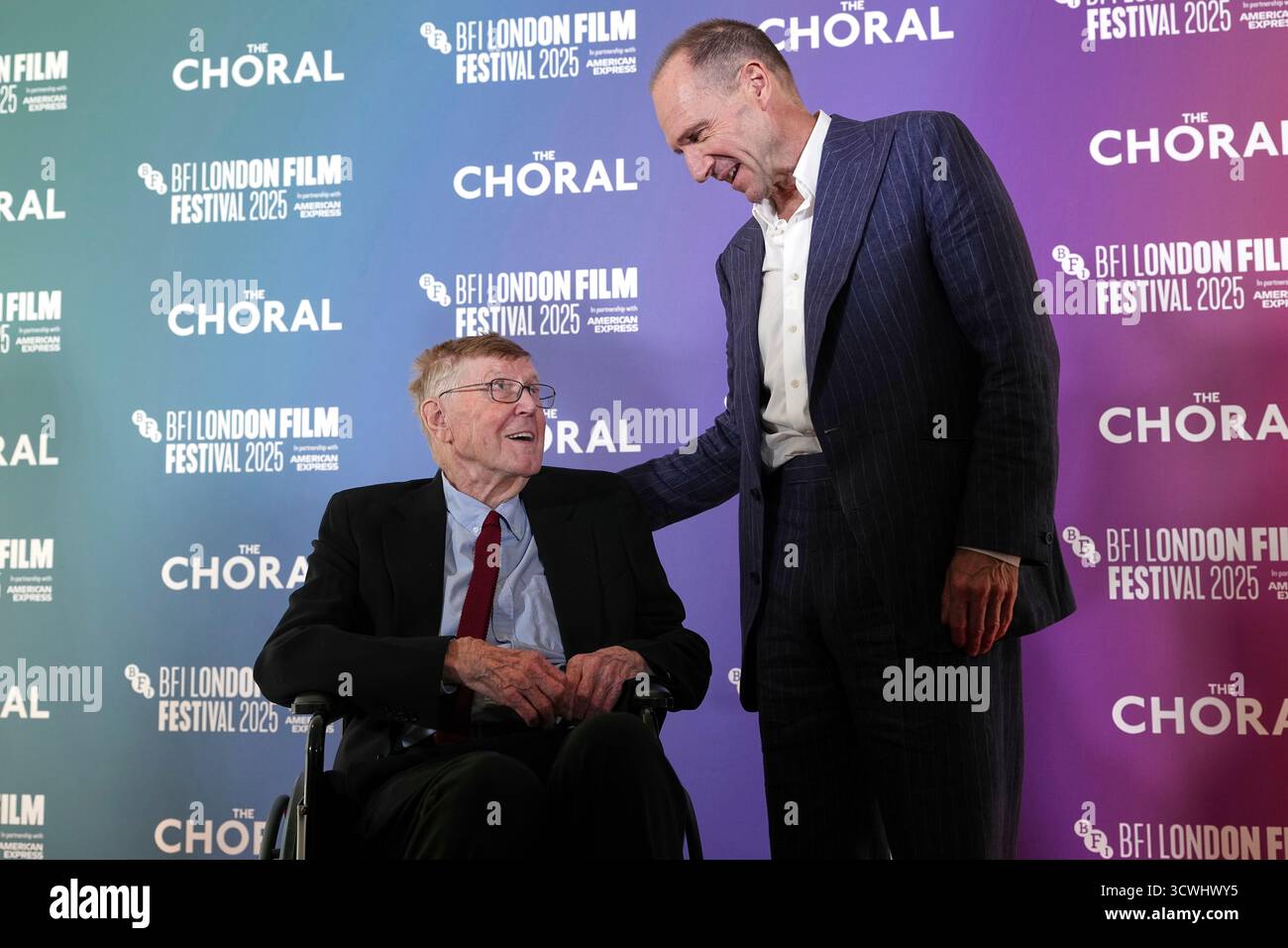 Writer Alan Bennett, left, and Ralph Fiennes pose for photographers ...