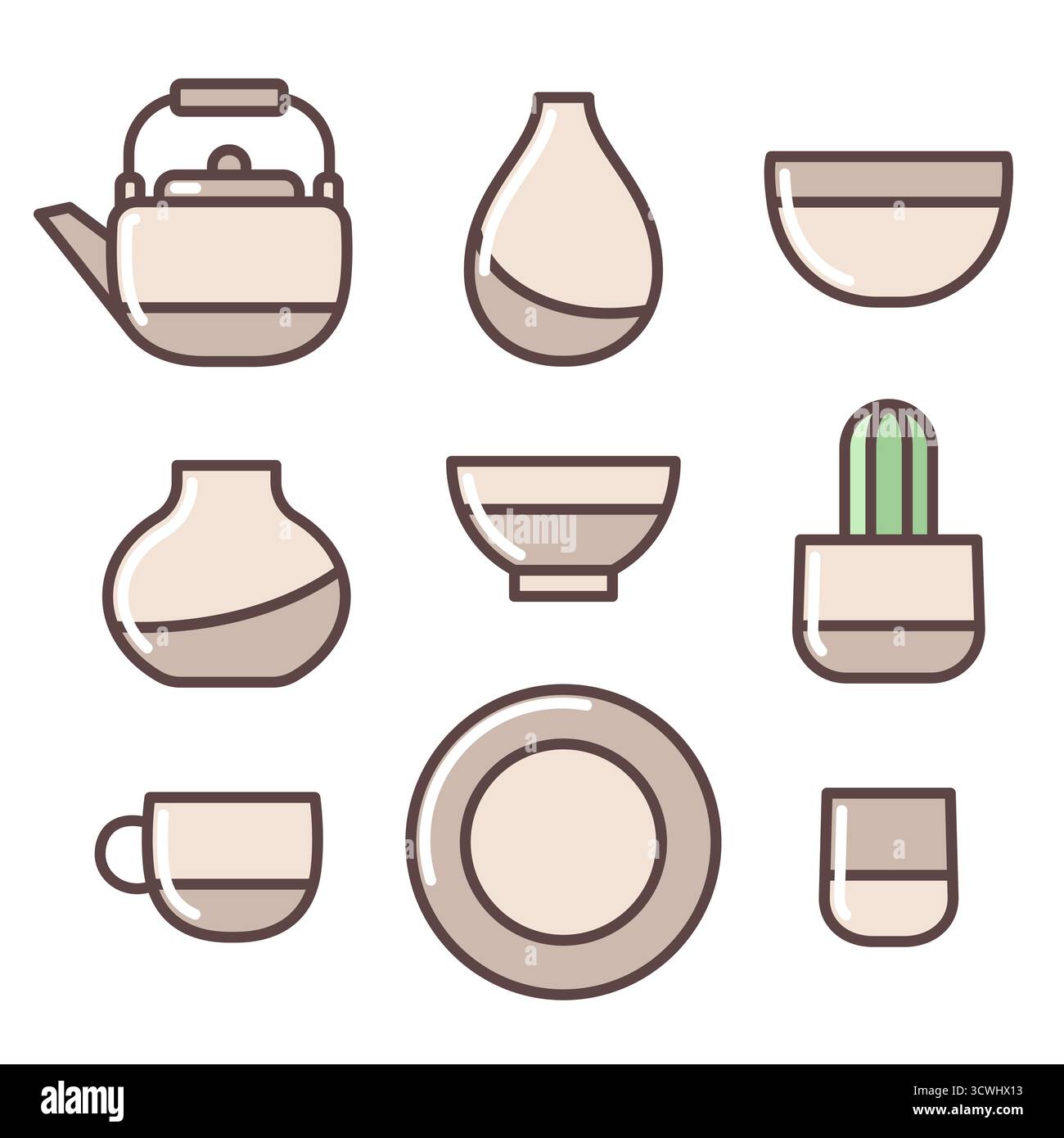 Ceramic crockery collection. Vases, bowls and cups. Simple and modern pottery icons, vector ...