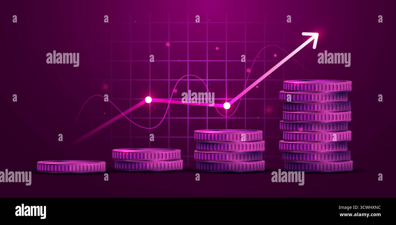 Coins stack with a rising arrow chart on a grid background ...
