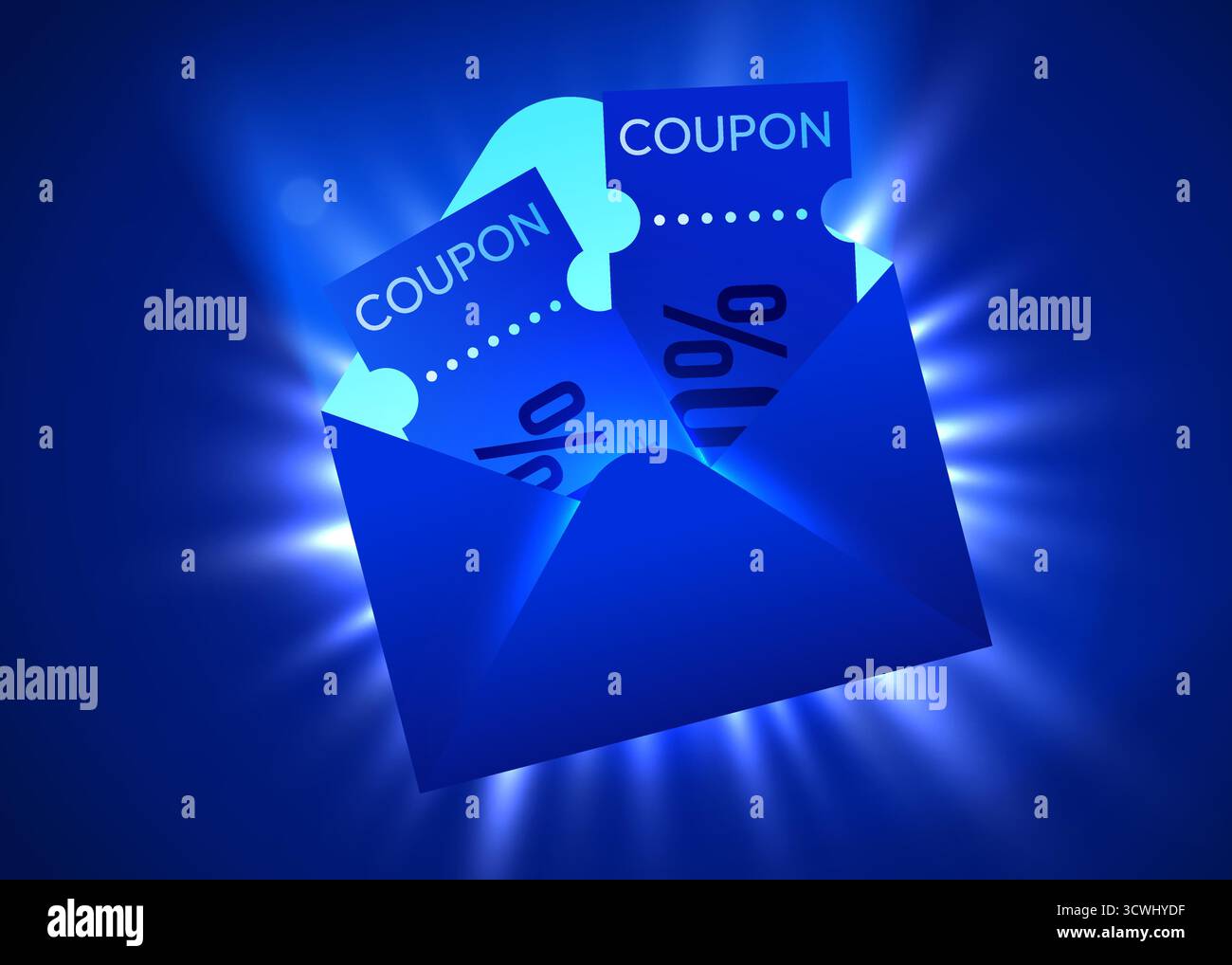 Vibrant Glowing Blue Envelope with Discount Coupons. Perfect for ...