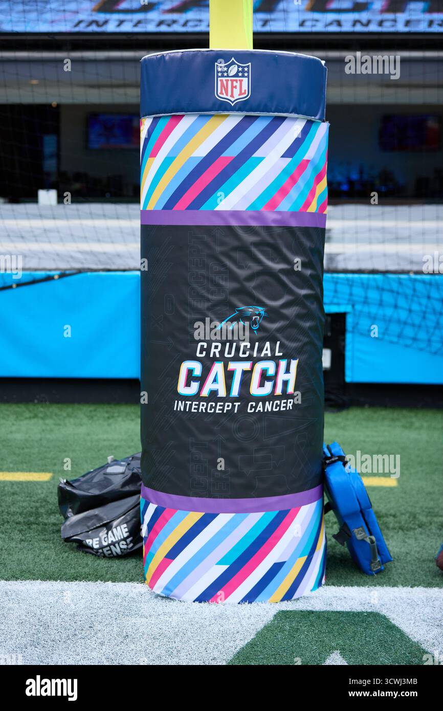 Crucial Catch signage wraps the goalpost prior to an NFL football game ...