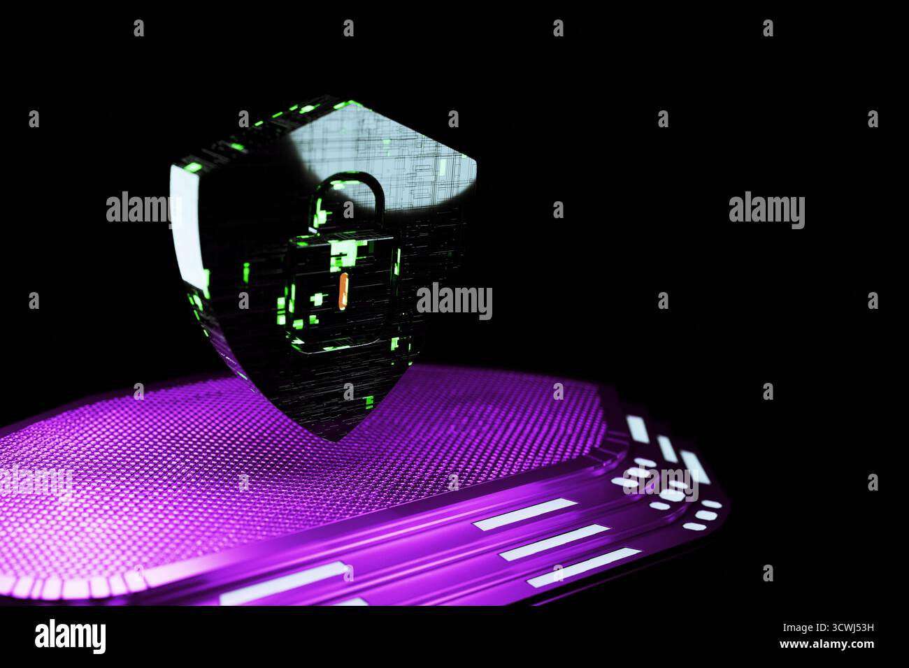 Technological Quantum Shield Lock On A Pedestal, Concept. Fintech Data ...