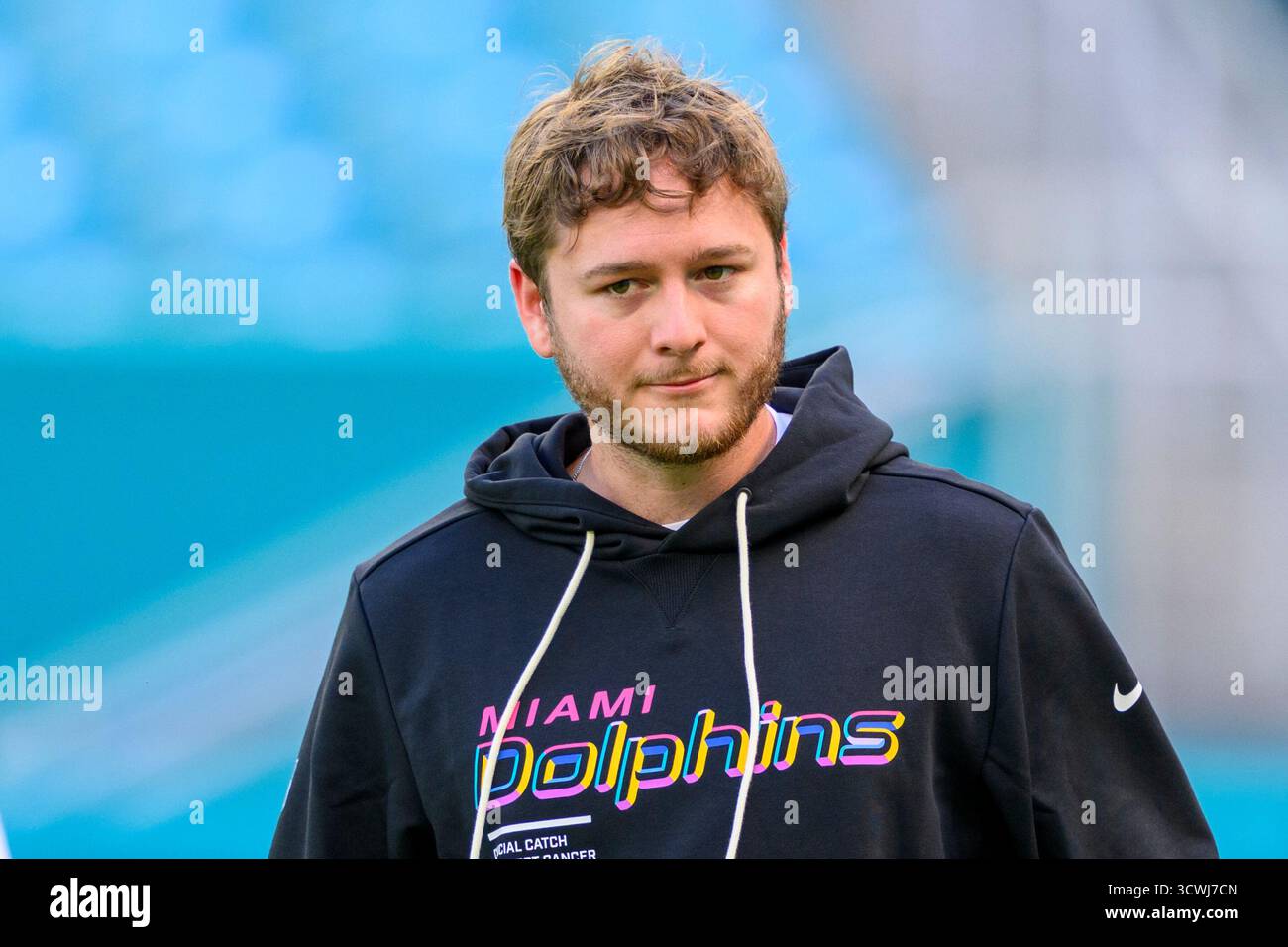 Miami Dolphins quarterback Quinn Ewers (14) walks on the field before ...