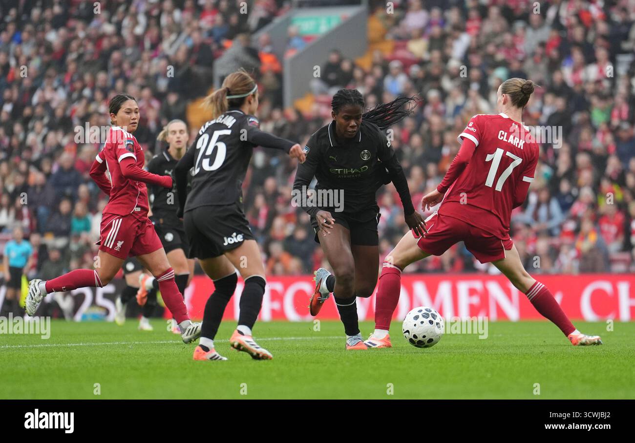 Manchester City's Khadija Shaw goes past Liverpool's Jenna Clark during ...