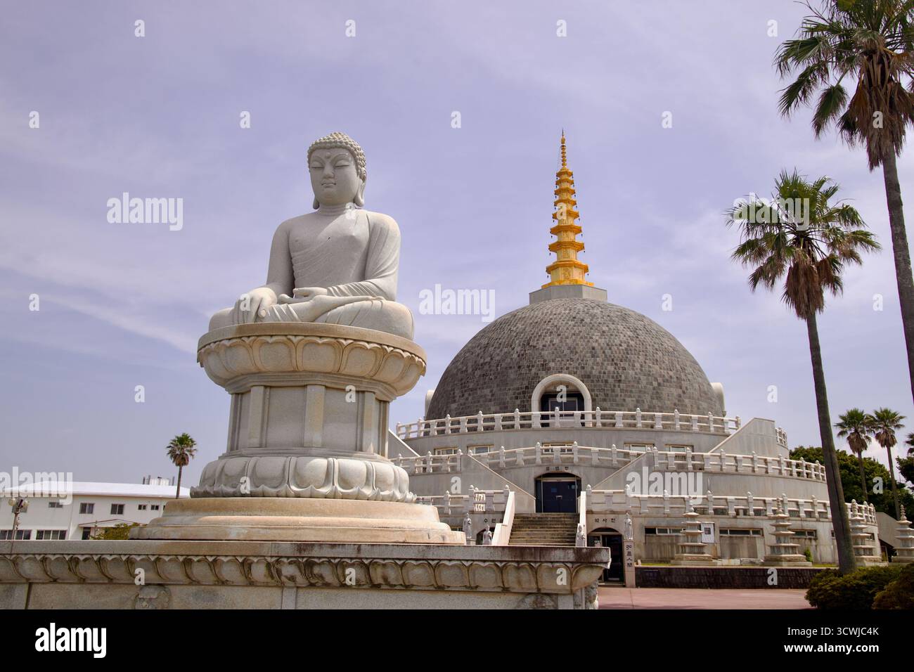 A seated Buddha on a lotus pedestal faces the hemispherical Buddha ...
