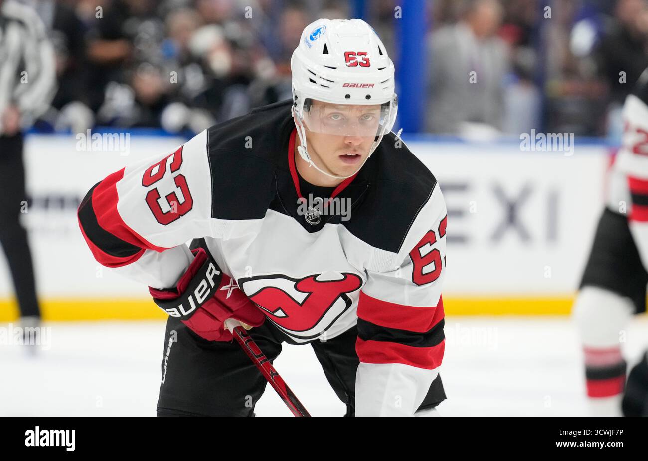 New Jersey Devils left wing Jesper Bratt (63) against the Tampa Bay ...