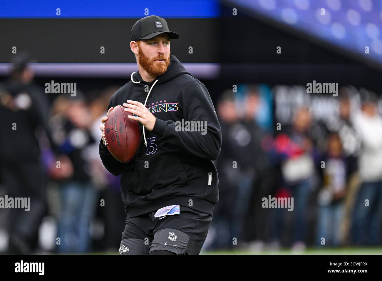 Baltimore Ravens quarterback Cooper Rush throws during pre-game warm ...