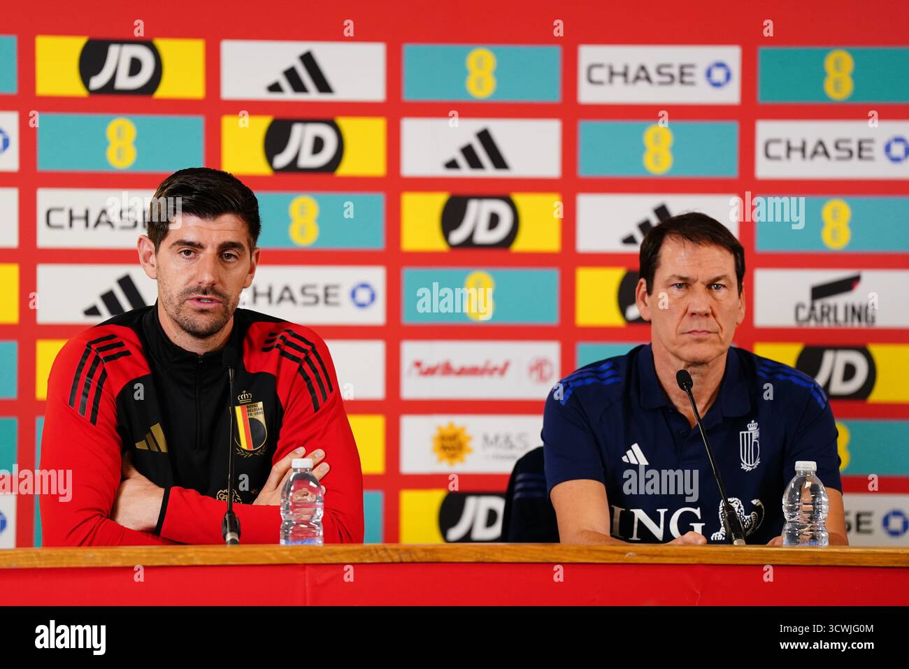 Belgium's Thibaut Courtois and head coach Rudi Garcia speaking during a ...