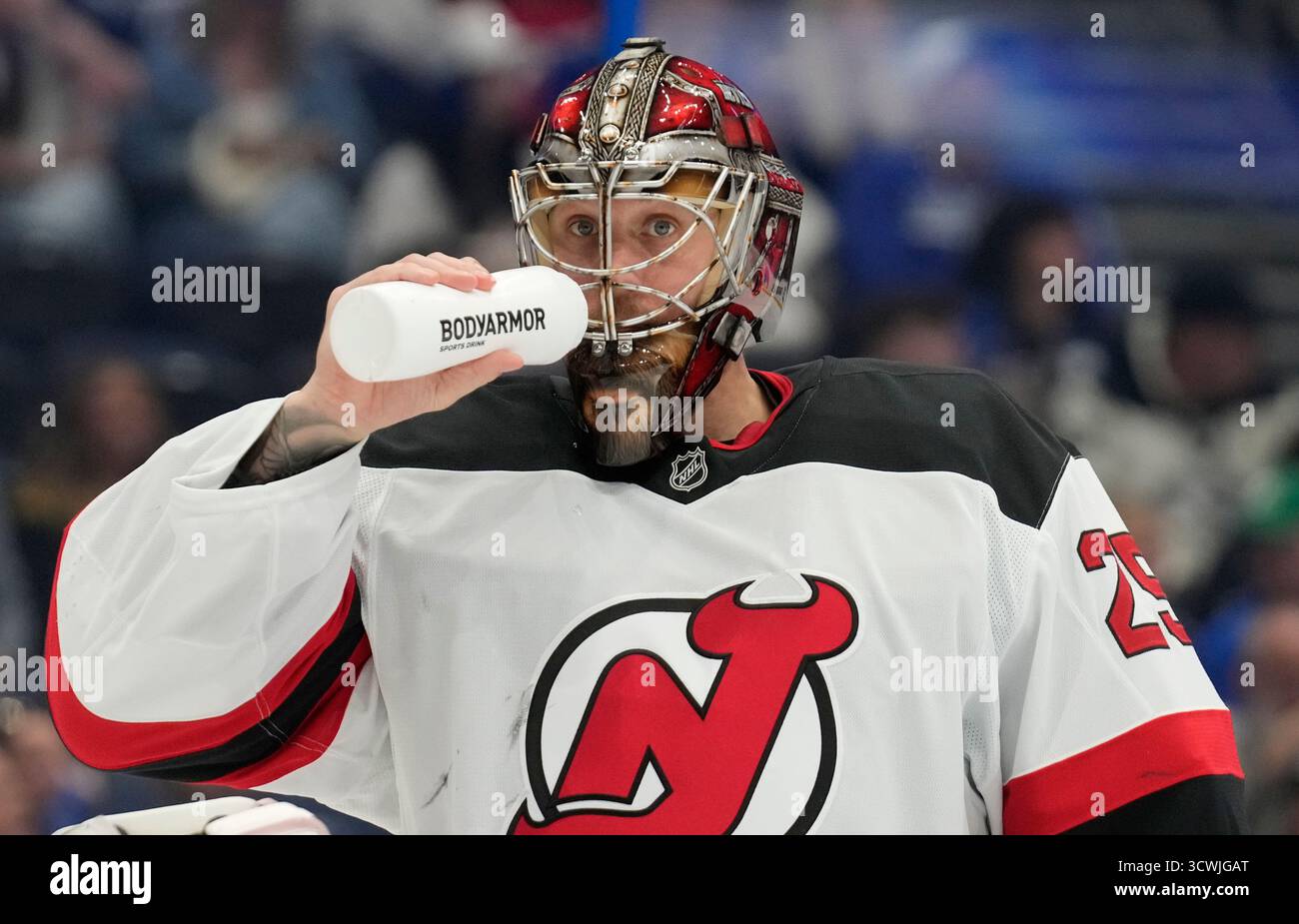 New Jersey Devils goaltender Jacob Markstrom against the Tampa Bay ...