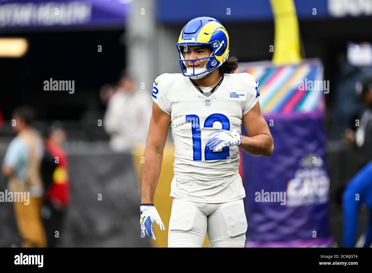 Los Angeles Rams wide receiver Puka Nacua (12) looks on during pre-game ...