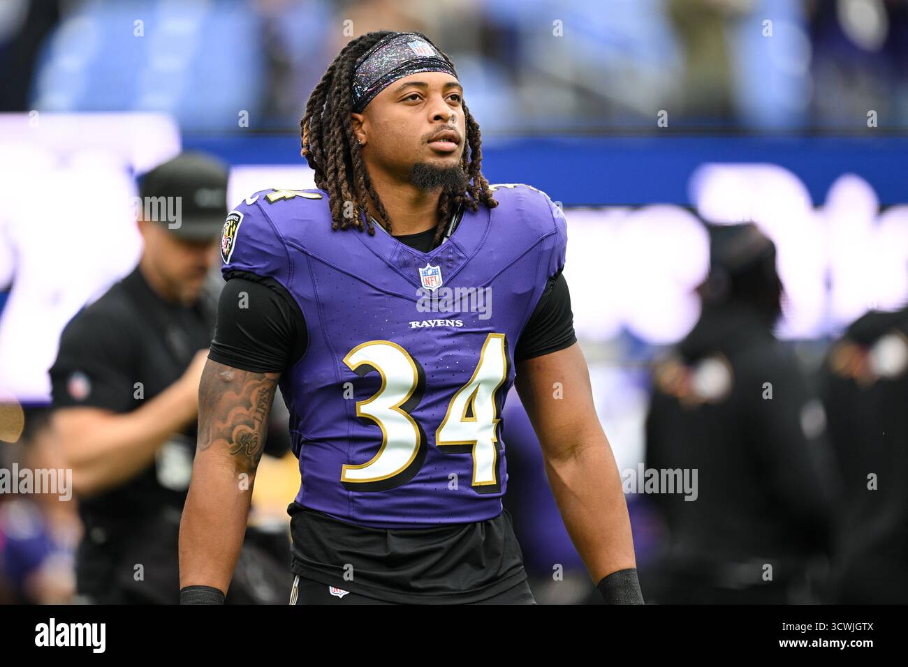 Baltimore Ravens running back Keaton Mitchell (34) looks on during pre ...