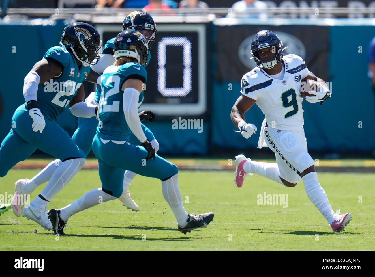 Seattle Seahawks running back Kenneth Walker III (9) runs out of bounds ...