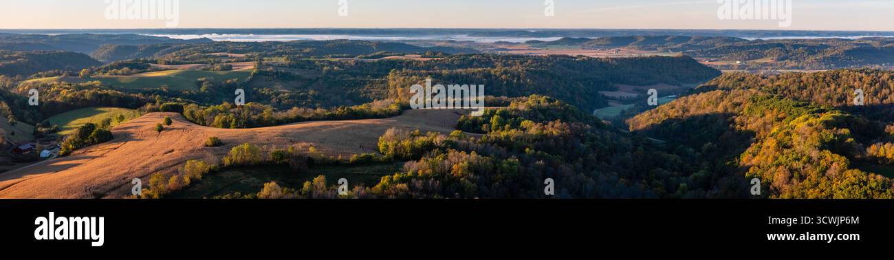 Aerial panoramic photograph of sunrise over rural southwest Wisconsin ...