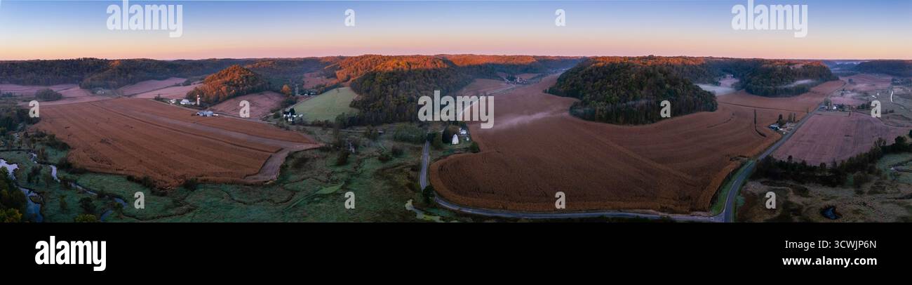 Aerial panoramic photograph of sunrise over rural southwest Wisconsin ...